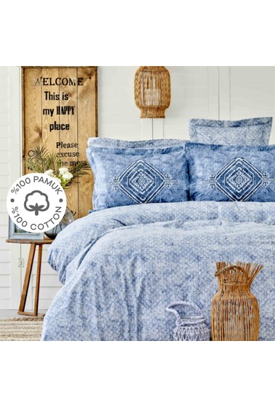 Sarah Anderson Lanika Mavi %100 Pamuk Çift Kişilik Nevresim Yastık Set