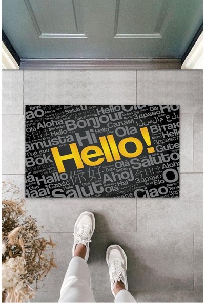 Avm Trendi Siyah Kapı Önü Paspası Hello Desen PS851