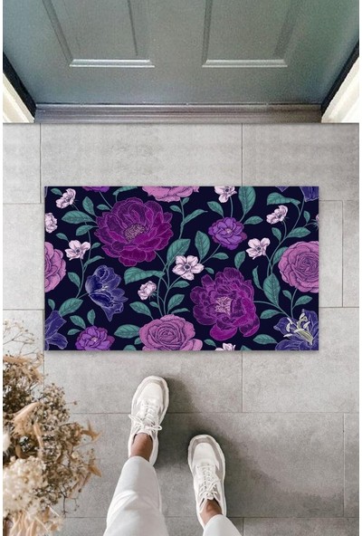 Avm Trendi Dijital Büyük Çiçekler Mor Kapı Paspası Dış Mekan Paspas PS999