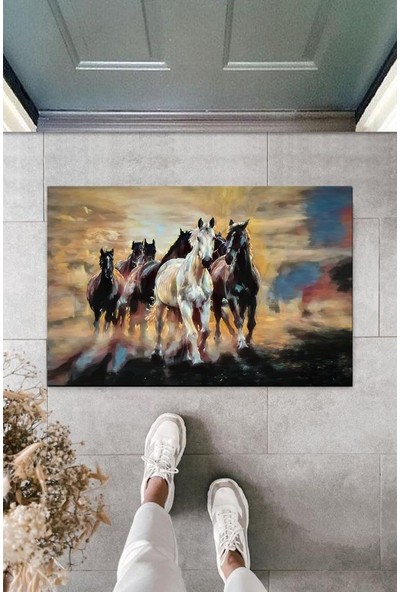 Parla Dijital Baskı Kahverengi Koşan Atlar Paspas PS1093