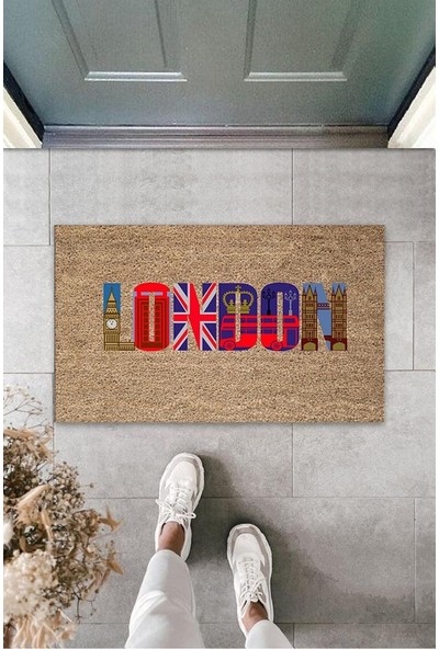 Parla Dijital Baskı Bej London Yazı Paspas PS1095