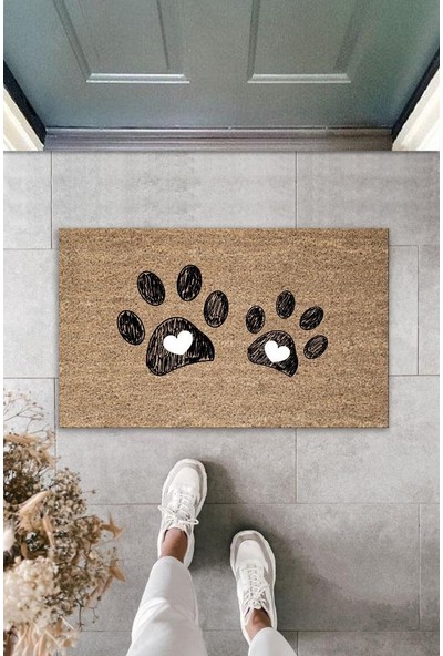 Parla Dijital Baskı Kahverengi Çift Kalpli Patili Dekoratif Kapı Paspası PS1270