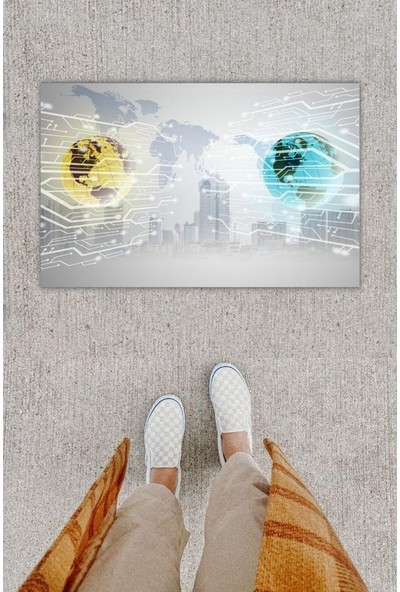 Parla Dijital Baskı Dekoratif Işlemci Kart Gri Kapı Önü Paspası PS1204