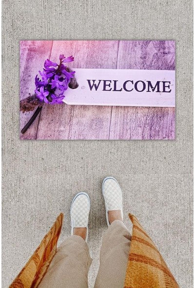 Parla Dijital Baskı Dekoratif Welcome Lila Kapı Önü Paspası PS1206