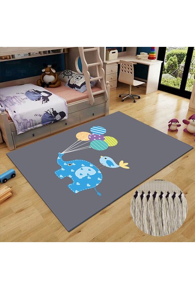 Evokids Mavi Fil Desenli , Püsküllü Çocuk Halısı (120X180) Evokids Mavi Fil Desenli , Püsküllü Çocuk Halısı (120X180)