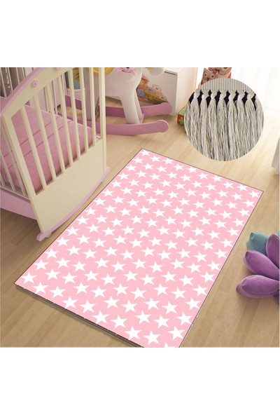 Evokids Yıldızlı Pembe , Püsküllü Çocuk HALISI(120X180) Evokids Yıldızlı Pembe , Püsküllü Çocuk HALISI(120X180)