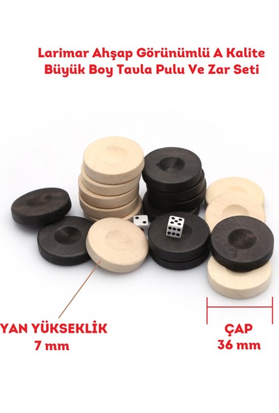 Larimar Ahşap Görünümlü Büyük Boy Tavla Pulu ve Zar Seti