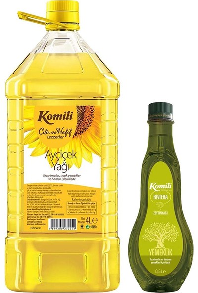 Komili Ayçiçek Yağı Pet 4 Lt + Riviera Zeytinyağı 500 ml Komili Ayçiçek Yağı Pet 4 Lt + Riviera Zeytinyağı 500 ml