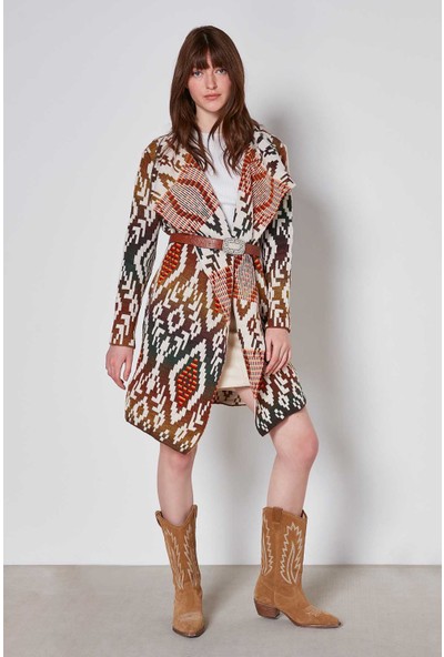 Vitrin Etnik Desen Şal Yaka Uzun Triko Hırka Vitrin Etnik Desen Şal Yaka Uzun Triko Hırka