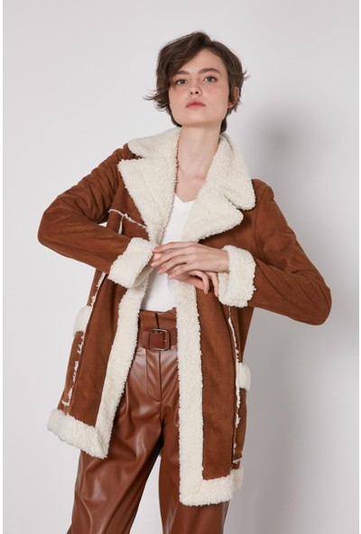 Vitrin Suni Kürk Süet Uzun Ceket