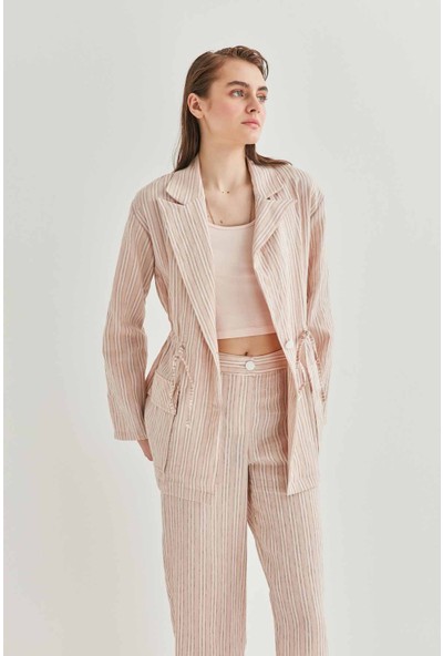 Vitrin Çizgili Belden Büzgülü Ceket
