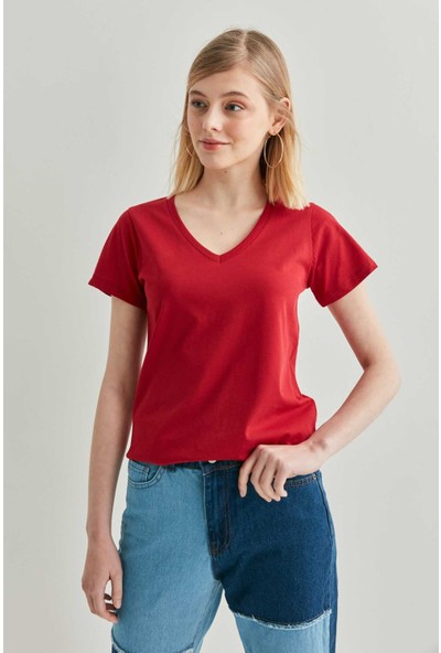 Vitrin V Yaka Kısa Kol Pamuk T-Shirt