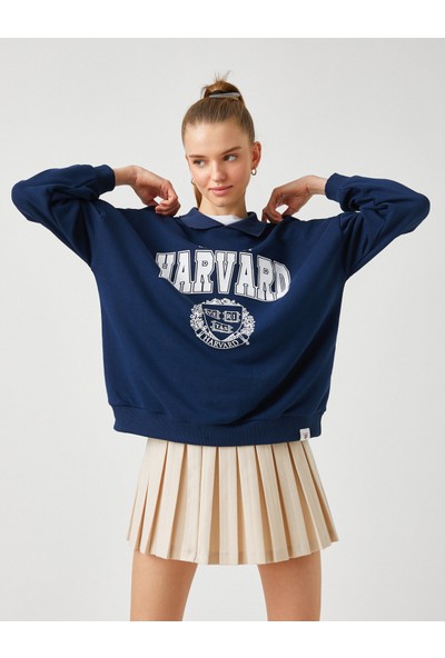 Koton College Lisanslı Polo Yaka Oversize Sweatshirt