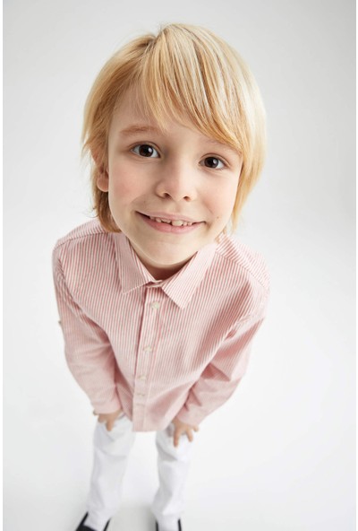 DeFacto Erkek Çocuk 23 Nisan Çizgi Desenli Uzun Kollu Keten Görünümlü Gömlek W9717A622SP