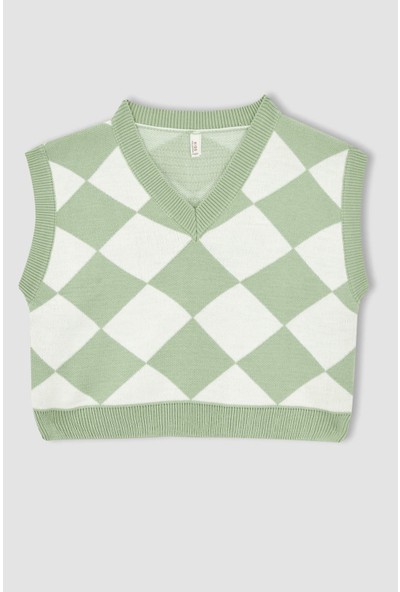 DeFacto Kız Çocuk Crop Baklava Desenli V Yaka Triko Süveter X3070A622SP