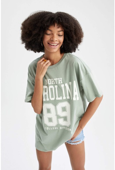 DeFacto Oversize Fit Bisiklet Yaka Baskılı Kısa Kollu Tişört X0973AZ22SM