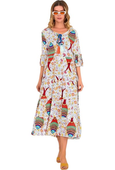 Günay Fierte Kadın Büyük Beden Elbise VLW2138 Ilkbahar Yaz Desenli Otantik