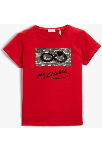 Koton Kız Çocuk Çift Taraflı Payetli Atatürk Baskılı Tişört Pamuklu