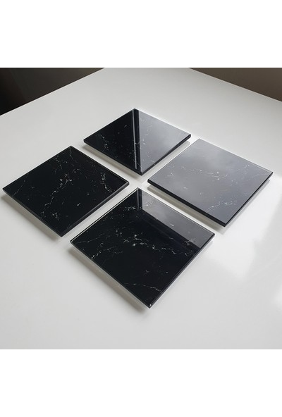 Decorita Cam Bardak Altlığı | 4'lü Takım Siyah Mermer Görünümlü 10 x 10 cm