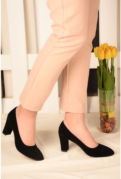 Kadın Siyah Süet 7 cm Kalın Topuklu WSB0014