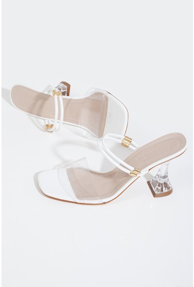 Kadın Ince Topuklu Beyaz Biyeli Şeffaf Terlik Kadın Ince Topuklu Beyaz Biyeli Şeffaf Terlik