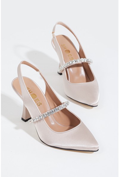 Gult Shoes Arkası Açık Taşlı Gece Ayakkabısı Ten Saten