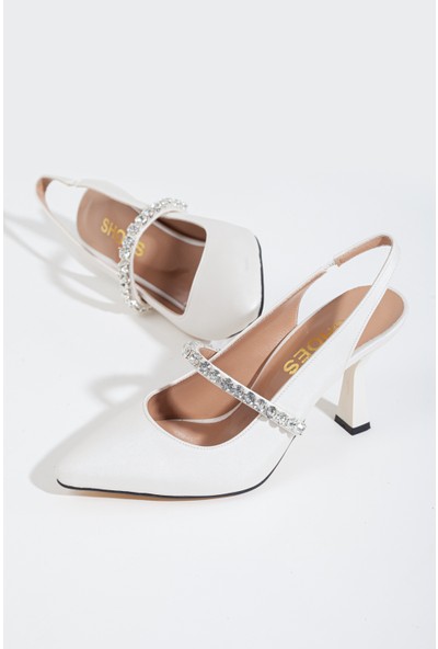 Gult Shoes Arkası Açık Taşlı Gece Ayakkabısı Beyaz Saten