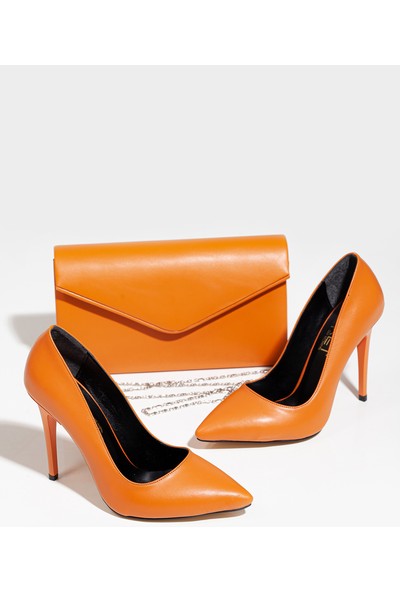 Gult Shoes Kadın Ince Yüksek Topuklu ve Çanta Takımı Turuncu