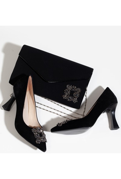 Gult Shoes Kadın 8 cm Topuklu Siyah Süet Taş Detaylı Çanta Kombin Li Takımı Gult Shoes Kadın 8 cm Topuklu Siyah Süet Taş Detaylı Çanta Kombin Li Takımı