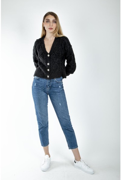 Oynoo Fashion Siyah Taş Düğme Detaylı Hırka
