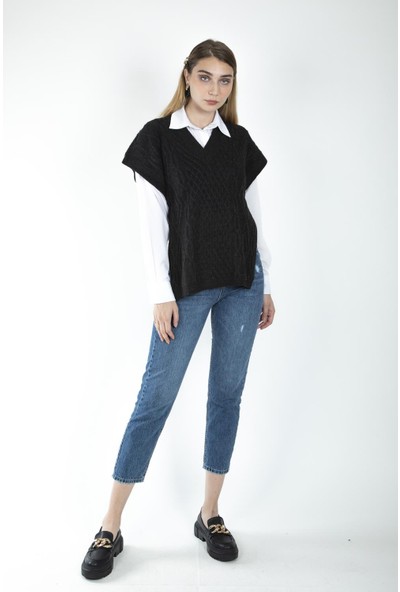 Oynoo Fashion Siyah Desenli Süveter Gömlek Takım