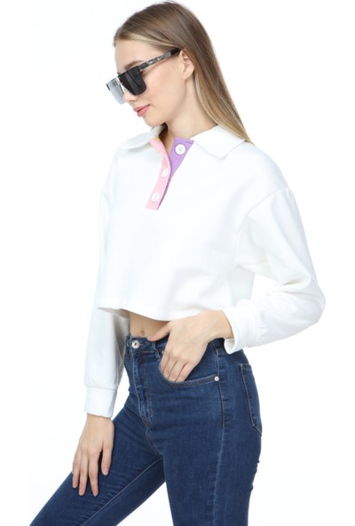 Polo Yaka Beyaz Yarım Düğmeli Sweatshirt