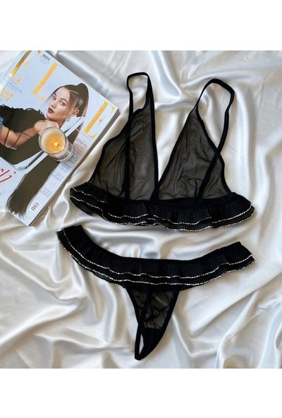 Çeyize Dair Herşey Siyah Fırfırlı Bralet Takım 6007 Çeyize Dair Herşey Siyah Fırfırlı Bralet Takım 6007