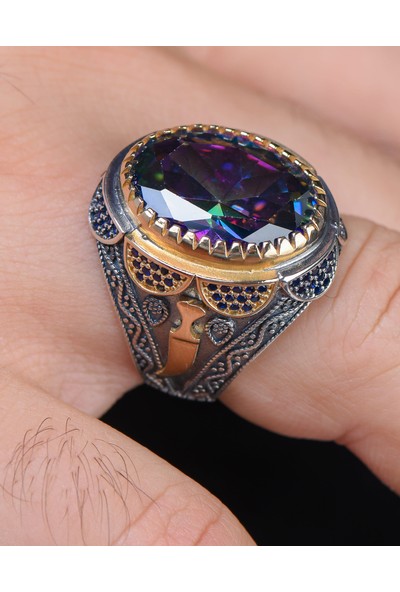 Prestige Gümüş Gümüş Erkek Yüzük Mistik Topaz Taşlı Zirkon Taş Süslemeli 00074