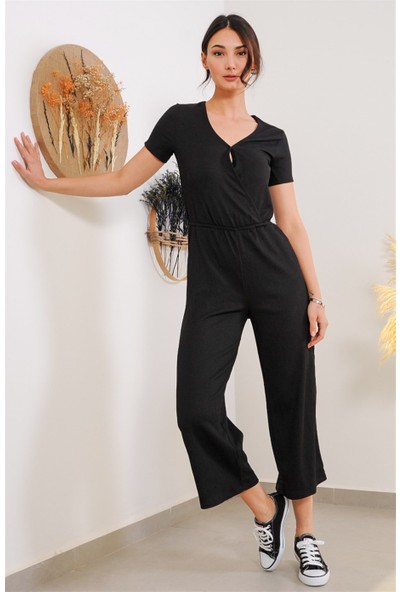 Camblys Kruvaze Yaka Beli Lastikli Kadın Tulum