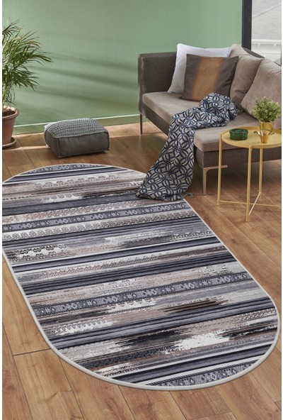 Diji Dekor Köln Kahve Saçaksız Dijital Oval Halı Kaymaz Yıkanabilir İskandinav Yolluk 140 x 250 cm.