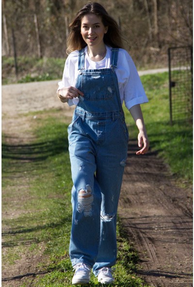 Gaydalı Giyim Bahçıvan Salopet Mavi Yırtık Jean Tulum