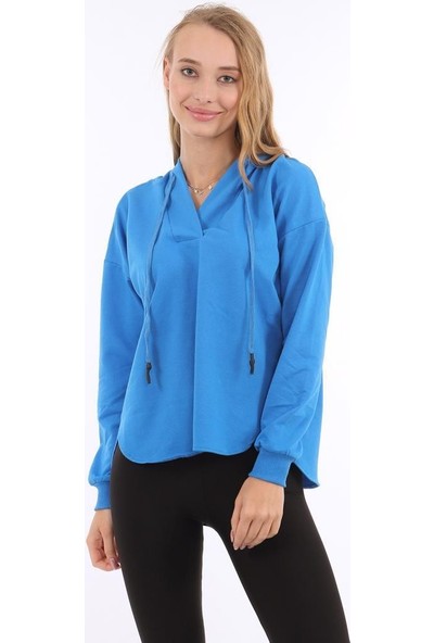 Hipatu Kapşonlu Bindirme Yaka Kadın Mavi Sweat Hipatu Kapşonlu Bindirme Yaka Kadın Mavi Sweat