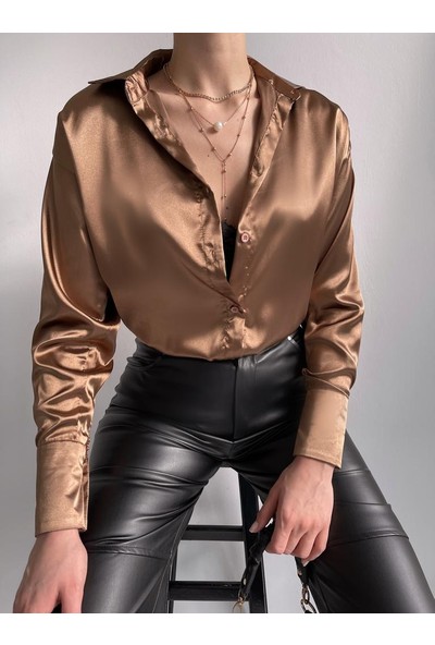 Lisaa Butik Kadın Saten Oversize Kesim Saten Gömlek