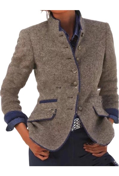 Farfi Kadınlar Uzun Kollu Düğme Standı Yaka Sonbahar Kış Ince Yün Ceket Ceket (Yurt Dışından)