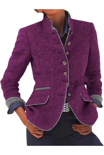 Farfi Kadınlar Uzun Kollu Düğme Standı Yaka Sonbahar Kış Ince Yün Ceket Ceket (Yurt Dışından)