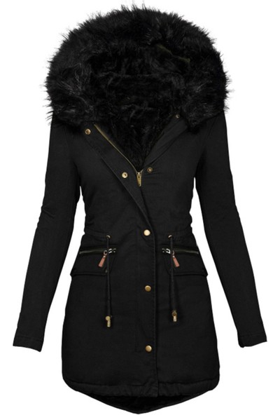 Farfi Kadınlar Kış Uzun Kollu Faux Kürk Hood Orta Uzunlukta Sıcak Ceket Parka Kar Giyim (Yurt Dışından)