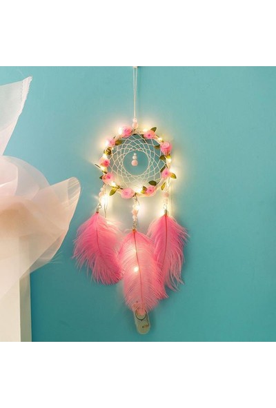 El Yapımı Kuş Tüyü ve LED Işıklı Dekoratif Asma Düş Rüya Kapanı