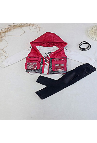 Kız Çocuk Şişme Yelekli 3'lü Takım & Baskılı Mikro Şişme Yelekli Takım