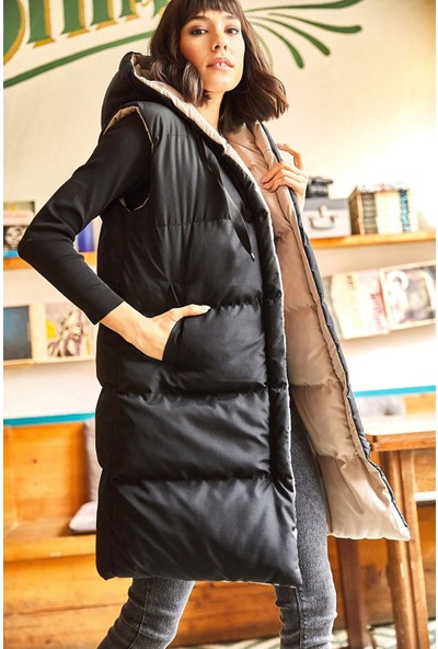 Hera Fashion Kadın Siyah Bej Çift Taraflı Dolgulu Kapüşonlu Dokuma Yelek Hera Fashion Kadın Siyah Bej Çift Taraflı Dolgulu Kapüşonlu Dokuma Yelek