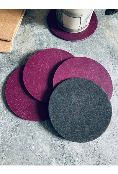 Bretya 4 Adet Hakiki Deri Yuvarlak Bardak Altlığı - Mor Deri