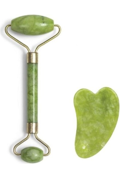 Dvl 2'li Cilt Bakım Seti (Doğal Yeşim Taşı Faceroller ve Yeşim Kalp Gua Sha Yüz Masaj Taşı)