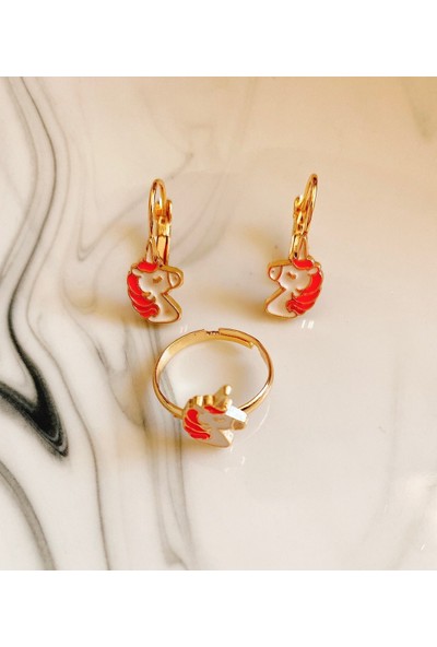 Unicorn Çocuk Küpe ve Yüzük Set, Alerji Yapmayan Çocuk Yüzük ve Küpe Set