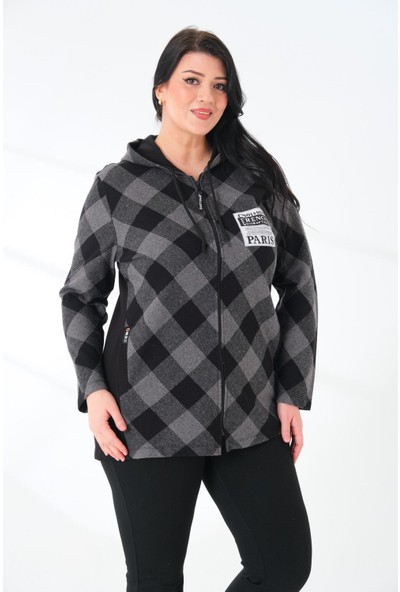 Lady Majestic Kareli Kapüşonlu Fermuarlı Büyük Beden Kadın Gömlek 44134