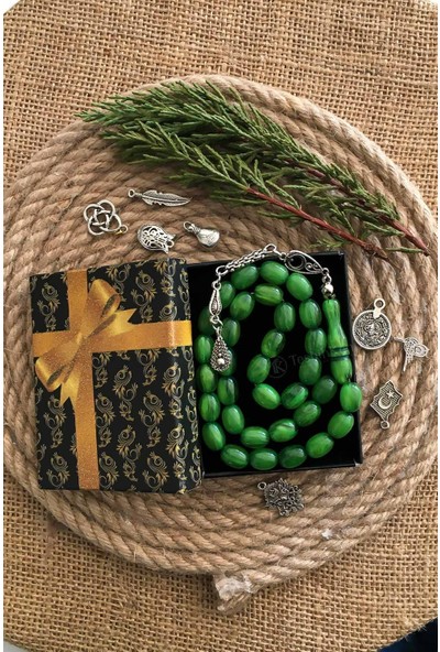 Tesbihkenti Fıstık Yeşili Tek Dal Püsküllü Toz Kehribar Tesbih